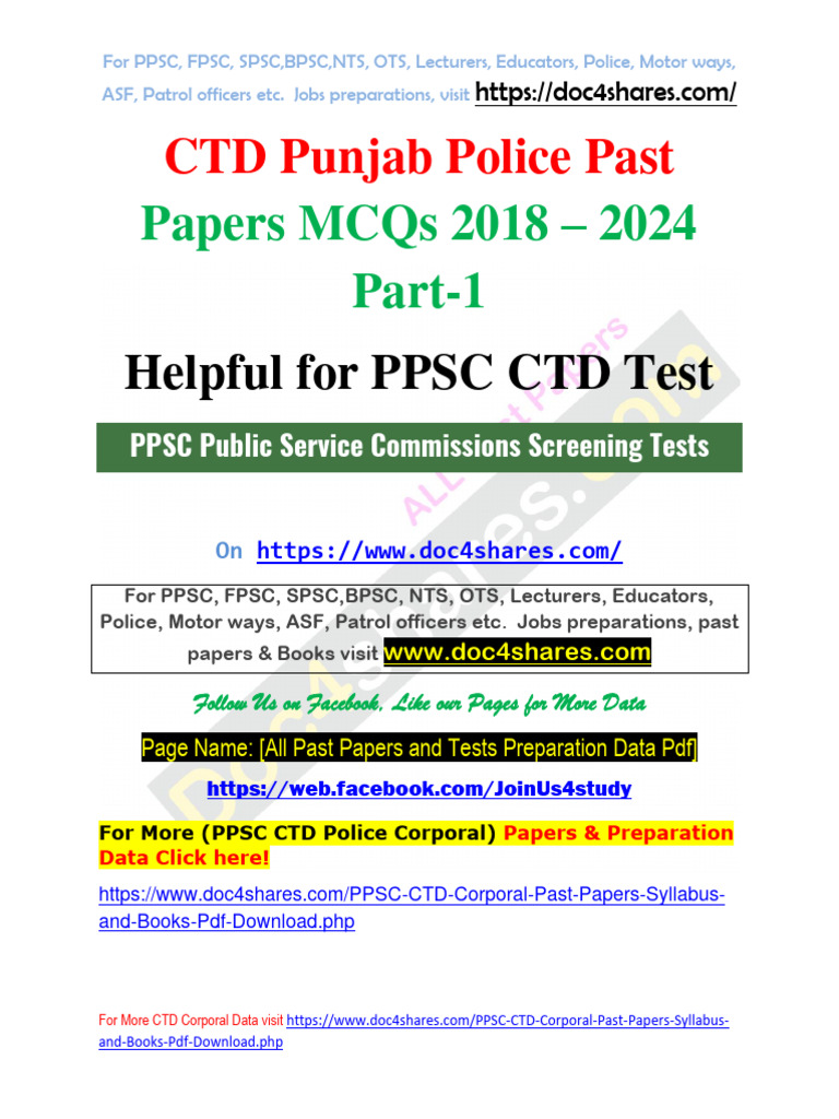 CTD Punjab Police Past Papers MCQs 2018 - 2024 Part-1 | PDF | Pakistan ...