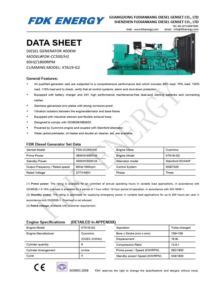Data Sheet: Diesel Generator 400Kw 60HZ/1800RPM Cummins Model: Kta19-G2 ...