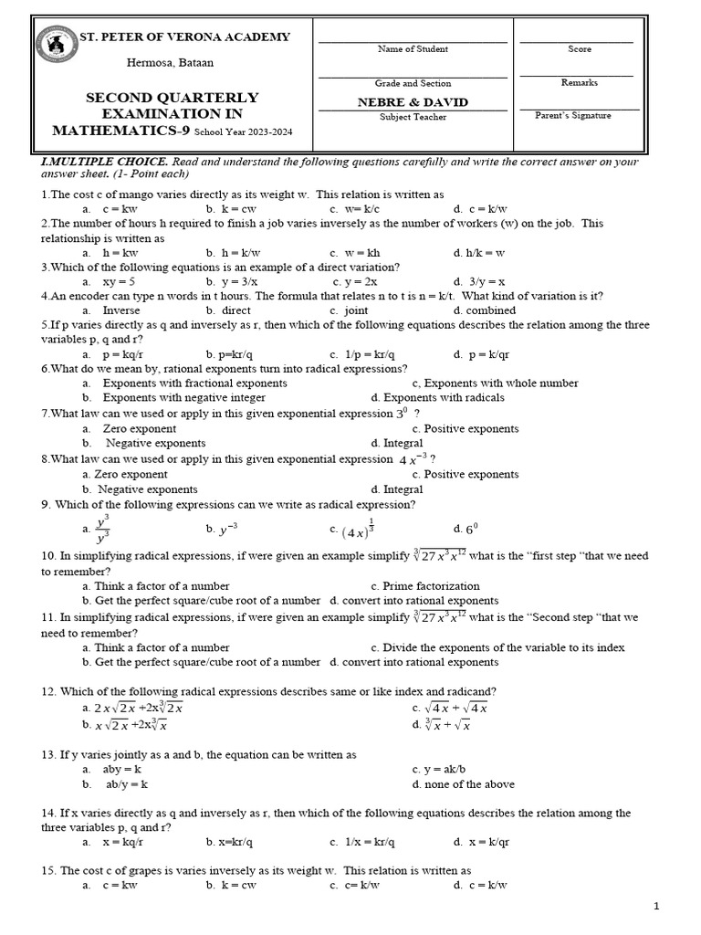 David and Nebre Math-9 Second Quarterly Exam | PDF | Exponentiation ...