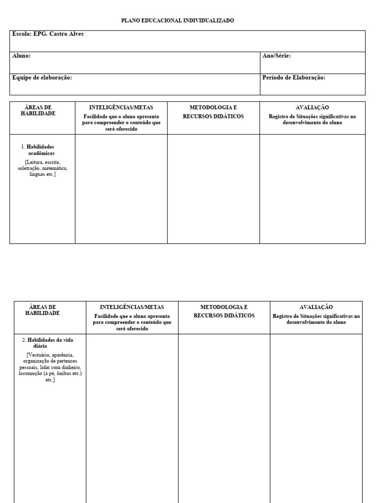 Modelo-Pei-Plano-Educacional-Individualizado Word | PDF