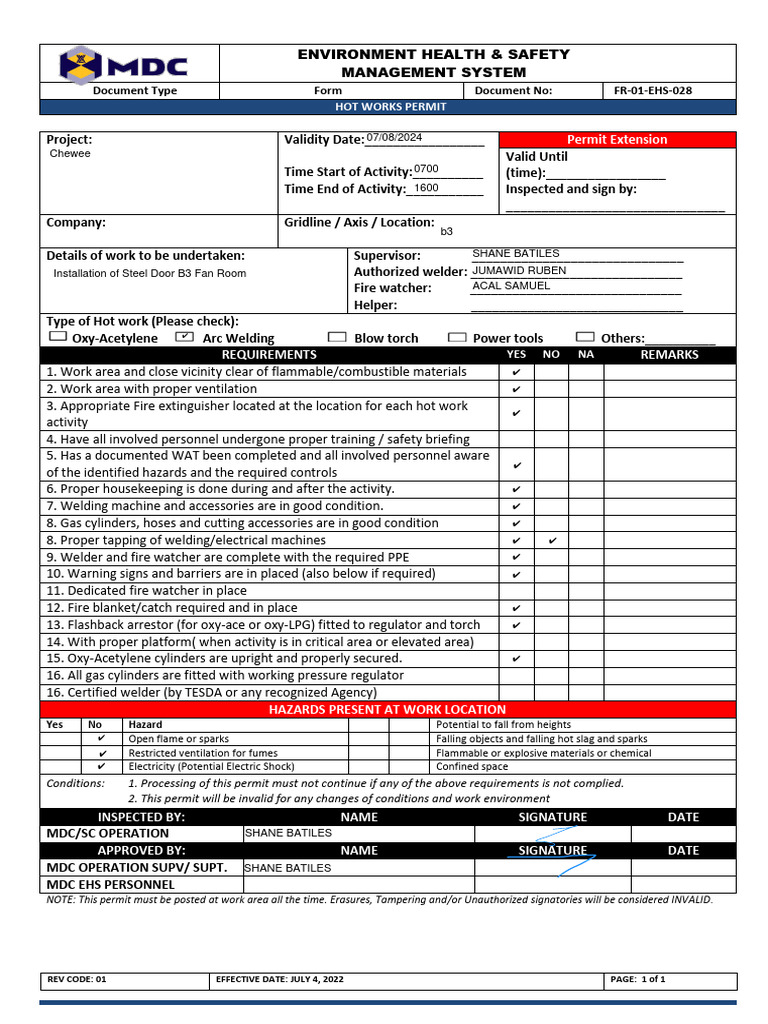 MDC - Hot Works Permit-01-EHS-028-rev.1 | PDF | Welding | Construction MDC - Hot Works Permit-01-EHS-028-rev.1 | PDF | Welding | Construction