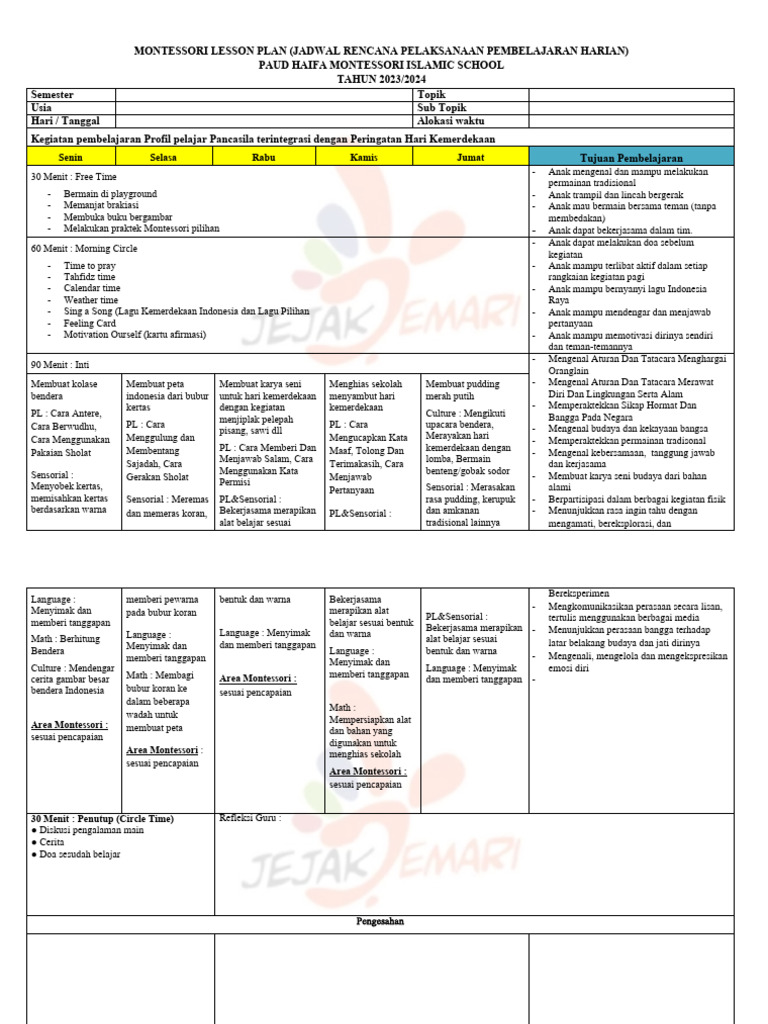 Montessori Lesson Plan Contoh | PDF