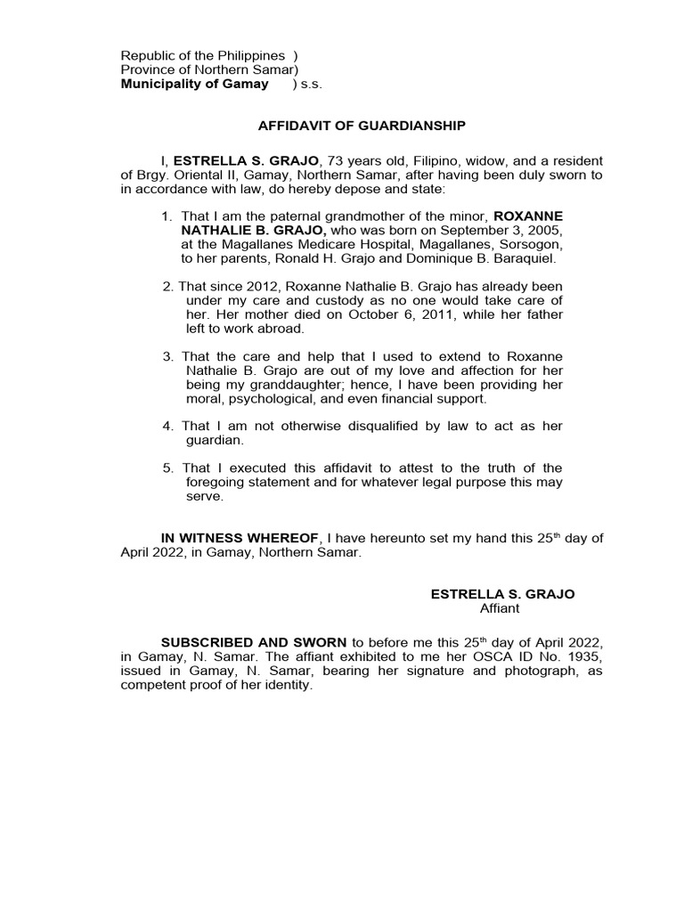 Affidavit of Guardianship. Estrella Grajo | PDF | Social Science