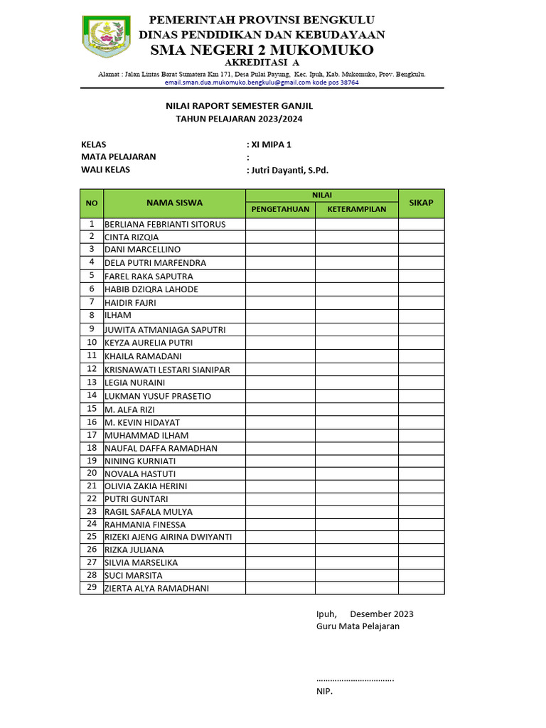 Blangko Penilaian Raport Xl1 | PDF