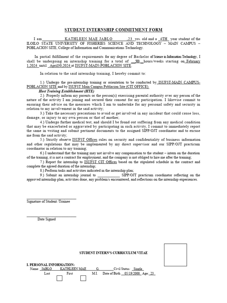 Student Internship Commitment Form | PDF | Internship | Job Hunting