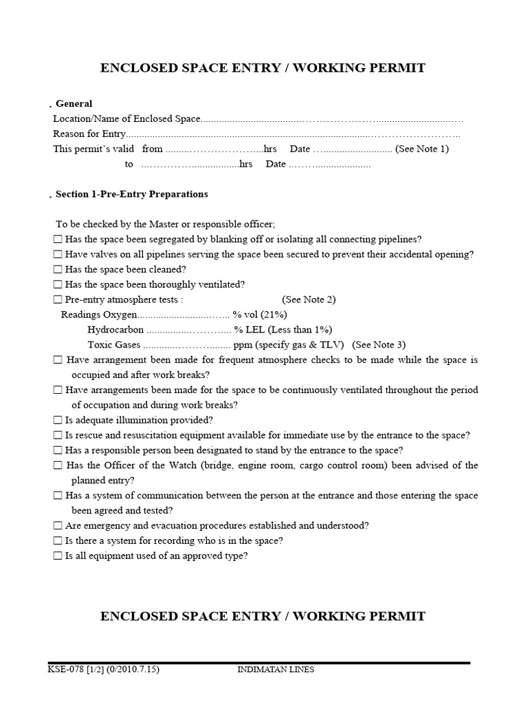 KSE-078 Enclosed Space Entry-Working Permit INDIMATAN LINES | PDF
