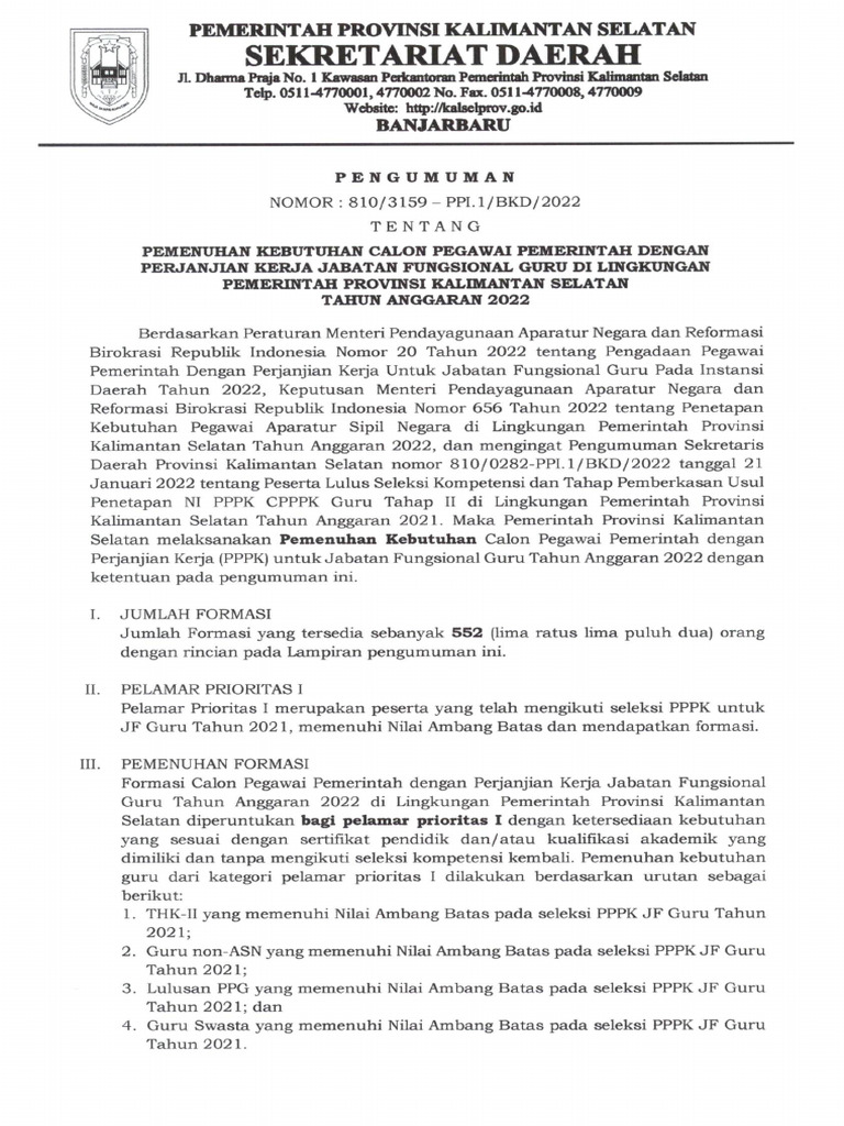 6800 Pengumuman Pemenuhan Kebutuhan CPPPK JF Guru Di Lingkup Pemprov Kalsel TA 2022 - Final | PDF