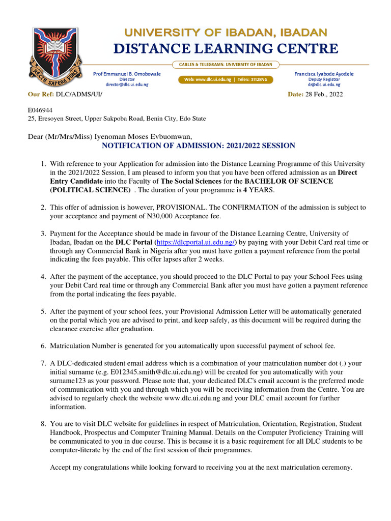 2021 2022 Notification of Admission Letter Document | PDF