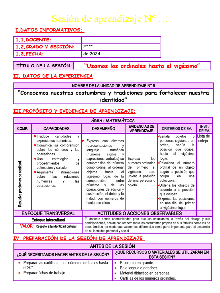 Sesión Ubicamos La Posición Con Los Números Ordinales 1° Al 20° Maestra ...