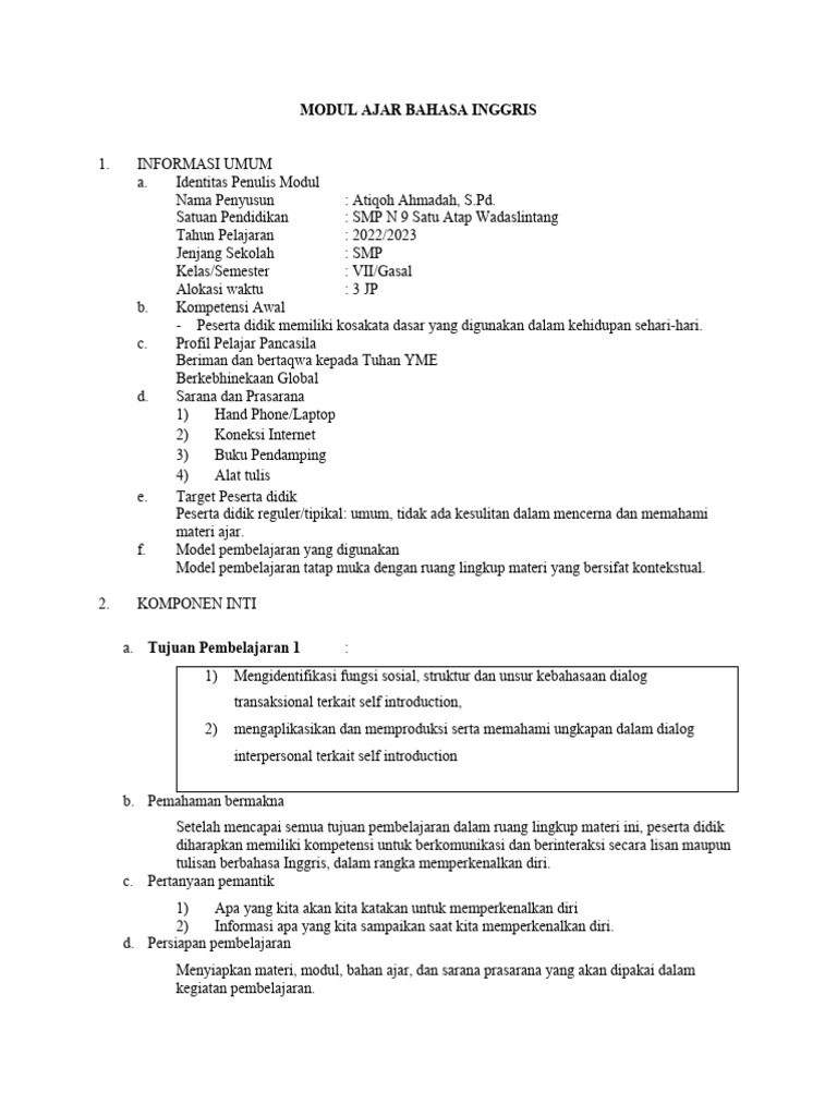 Modul Ajar Self Introduction | PDF