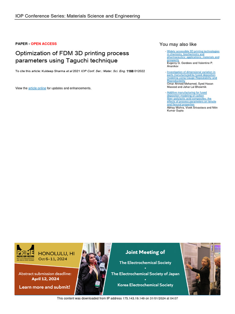 Optimization of FDM 3D Printing Process Parameters Using Taguchi Technique | PDF | 3 D Printing ...