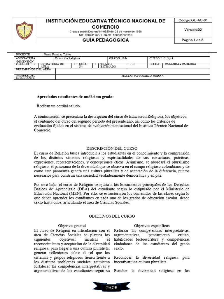 GUIA. 0. de UNDÉCIMO | PDF | Evaluación | Pedagogía