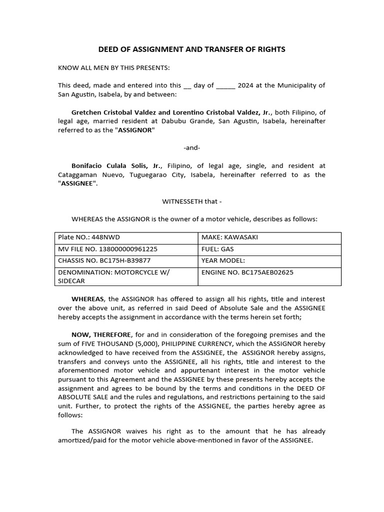 Deed of Assignment and Transfer of Rights | PDF | Assignment (Law ...