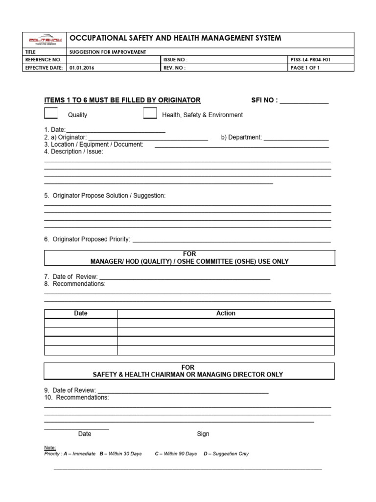 L4.PR04.F01. Suggestion For Improvement | PDF | Occupational Safety And Health | Safety