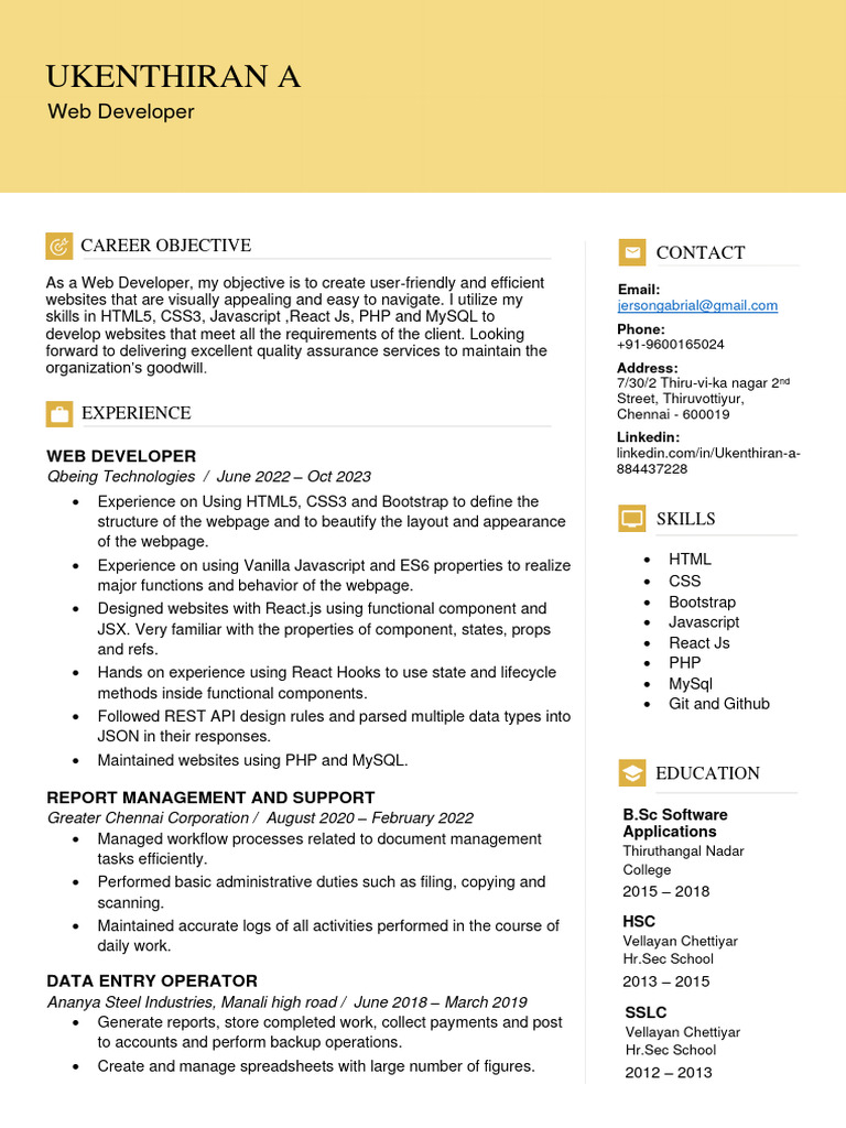 Web Developer Resume of Ukenthiran A | PDF | World Wide Web | Internet ...