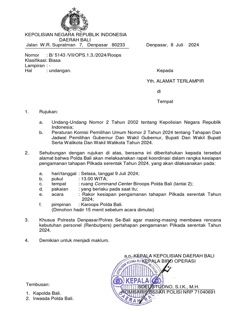 9 Undangan Rakor Awal Kesiapan Pilkada 2024 | PDF