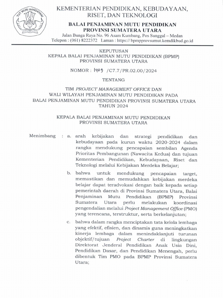 SK Tentang Tim PMO Dan Wali Wilayah Penjaminan Mutu Pendidikan Pada BPMP Prov Sumut Tahun 2024 | PDF