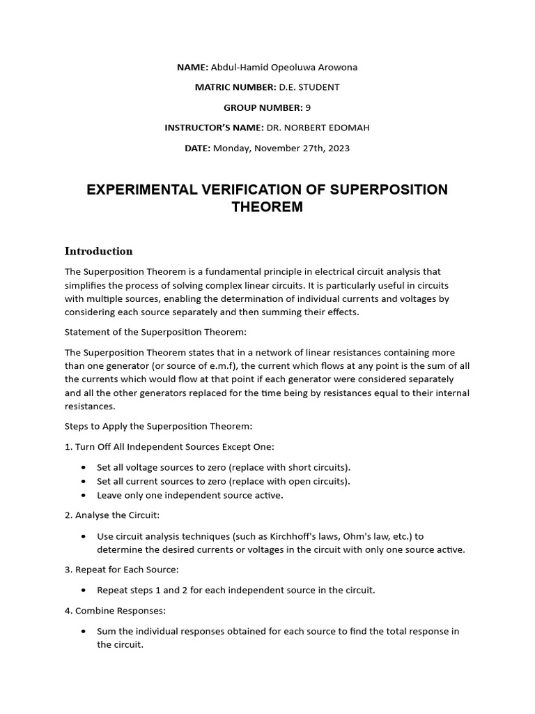 Experimental Verification Of Superposition Theorem Pdf Electrical