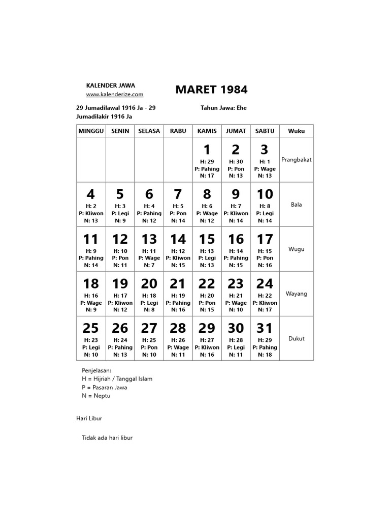 Kalender Jawa 1984 Maret | PDF