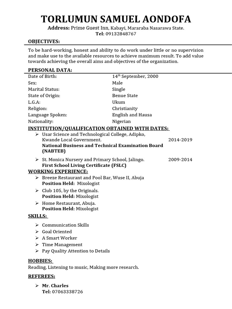 Torlumun Samuel Aondofa: Address: Prime Guest Inn Objectives | PDF