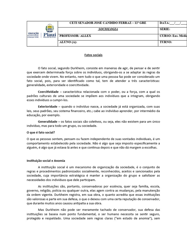 Template - Apostila Sociologia 3 2021 | PDF | Émile Durkheim | Sociologia