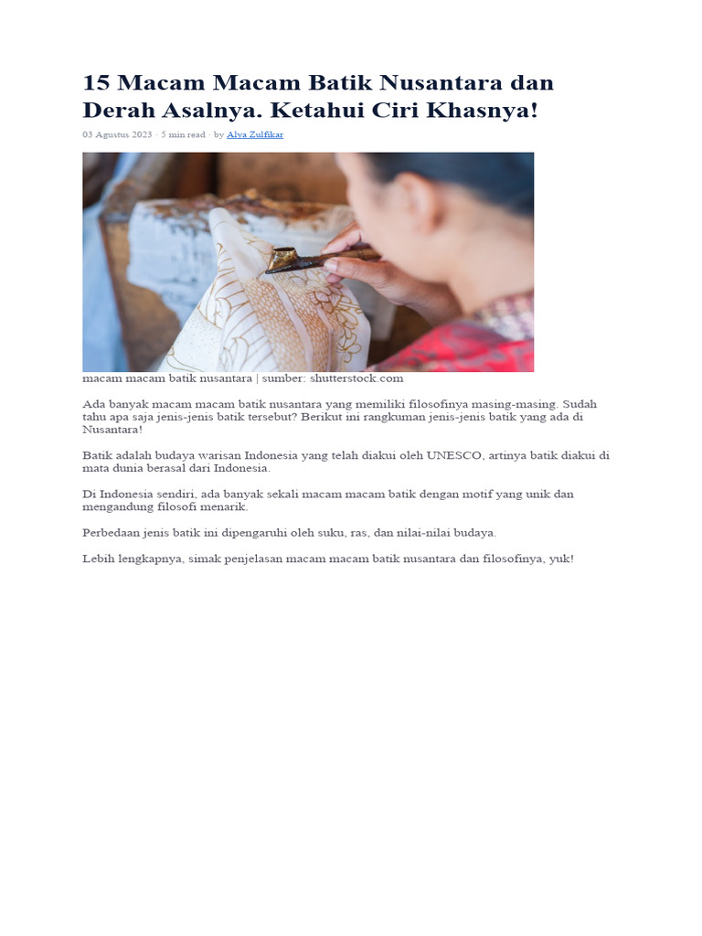 15 Macam Macam Batik Nusantara dan Derah Asalnya | PDF