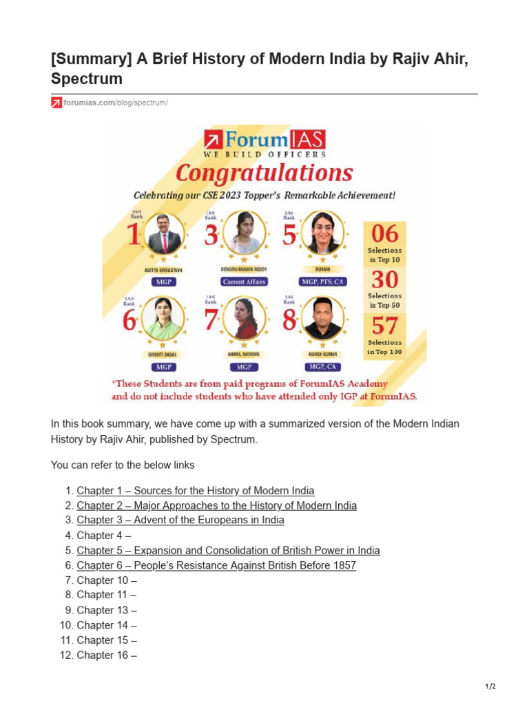 Summary A Brief History of Modern India by Rajiv Ahir Spectrum | PDF