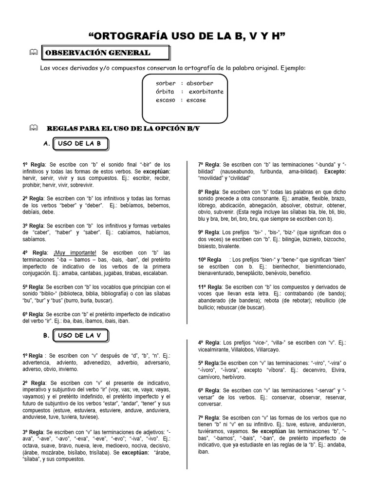 "Ortografía Uso de La B, V Y H": Observación General | PDF | Gramática ...