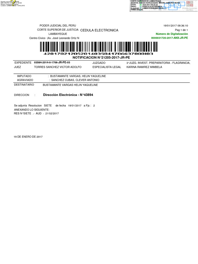 NOTIFICACION #21205-2017-JR-PE: Cedula Electronica | PDF