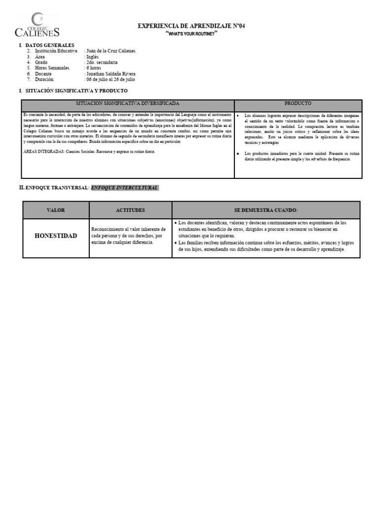 Experiencia de Aprendizaje Unit 5 (2do) | PDF | Enseñando | Aprendizaje