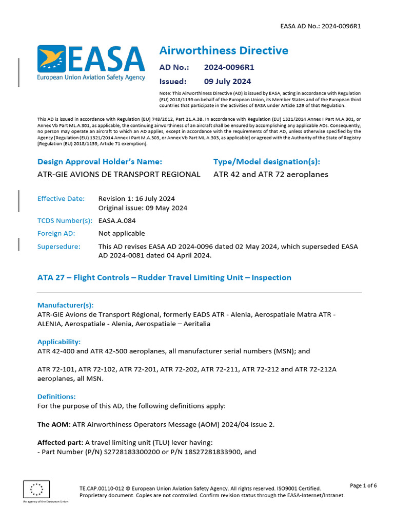 EASA_AD_AIR_ATR_2024-0096_Rudder TLU sup 2024-0081=AOM-2024-04_R-01 ...