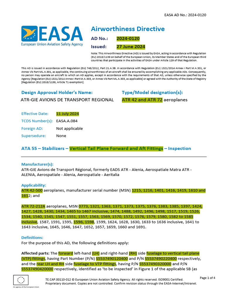 EASA_AD_AIR_ATR_2024-0120_Stab-Vert (Tail-Plane Fitting FWD-AFT)=AOM ...