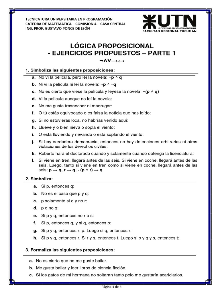 Ejercicios de Lógica Proposicional | PDF | Proposición | Lógica