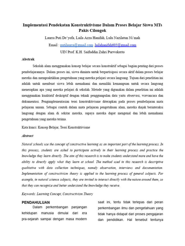 Implementasi Pendekatan Konstruktivisme Dalam Proses Belajar Siswa MTs Pakis Cilongok | PDF ...