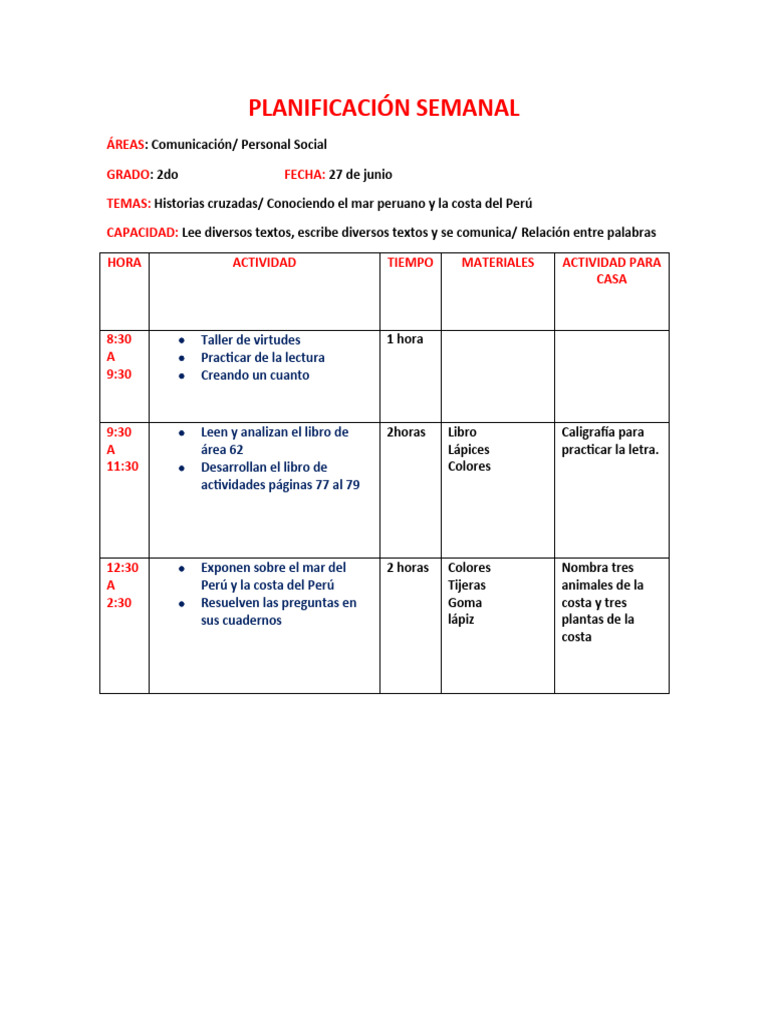 Planificación Semanal para 2do y 3ro | PDF
