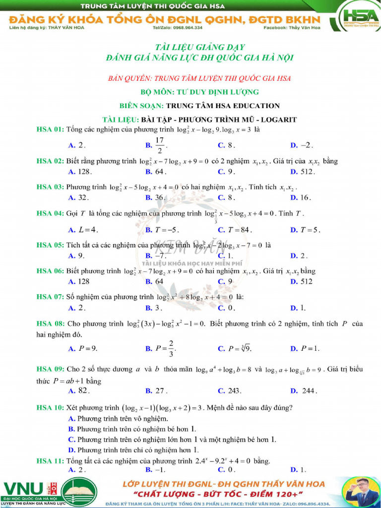 Hsa - Bu I 20 - BT - Phương Trình Mũ - Logarit | PDF