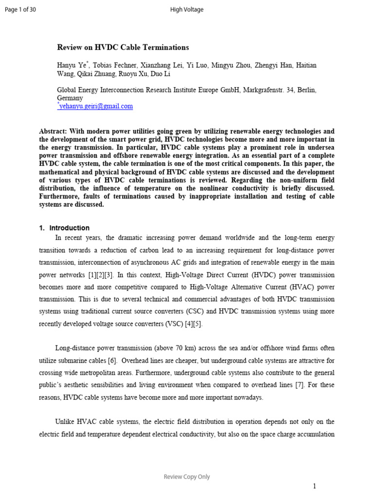 Review On HVDC Cable Terminations | PDF | Insulator (Electricity) | High Voltage Direct Current