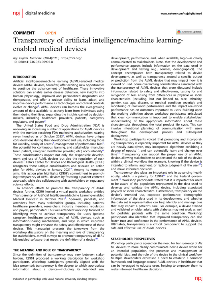 Transparency of Artificial Intelligence Machine Learningenabled Medical Devices | PDF ...