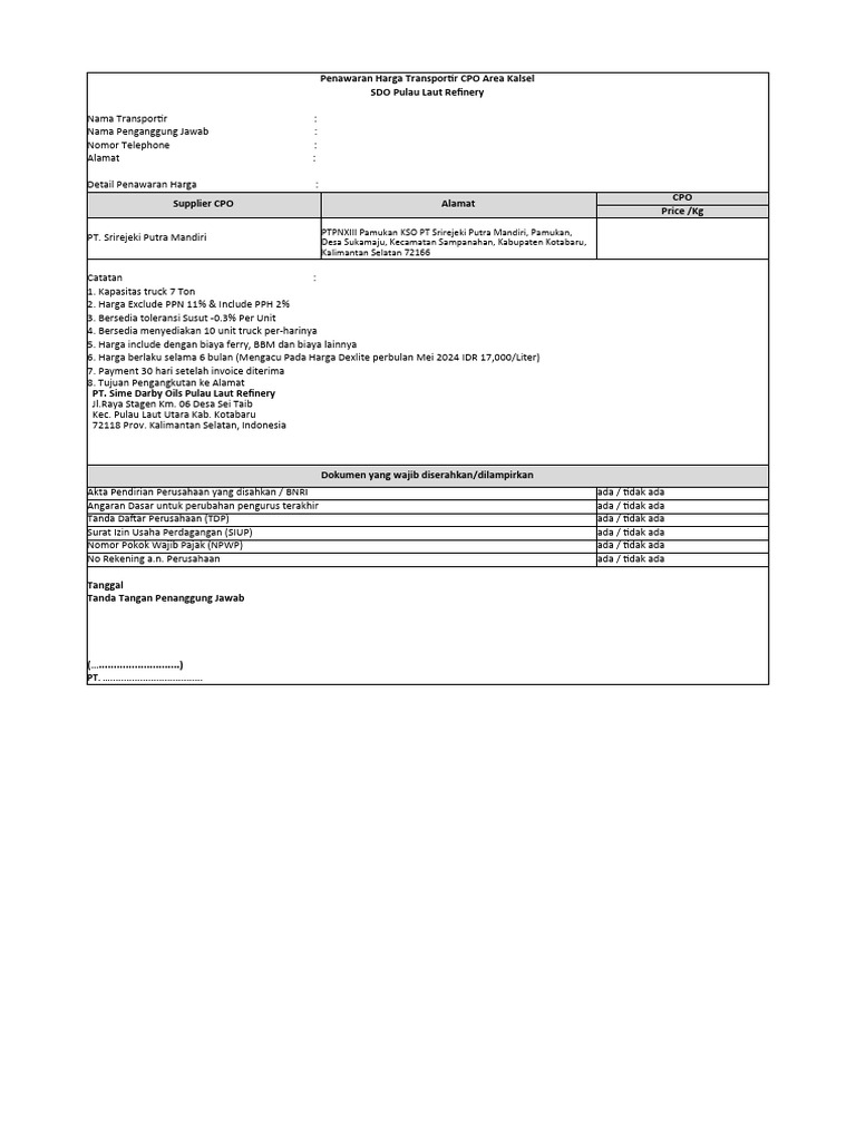 Form Penawaran Harga Transportir CPO-SPM | PDF