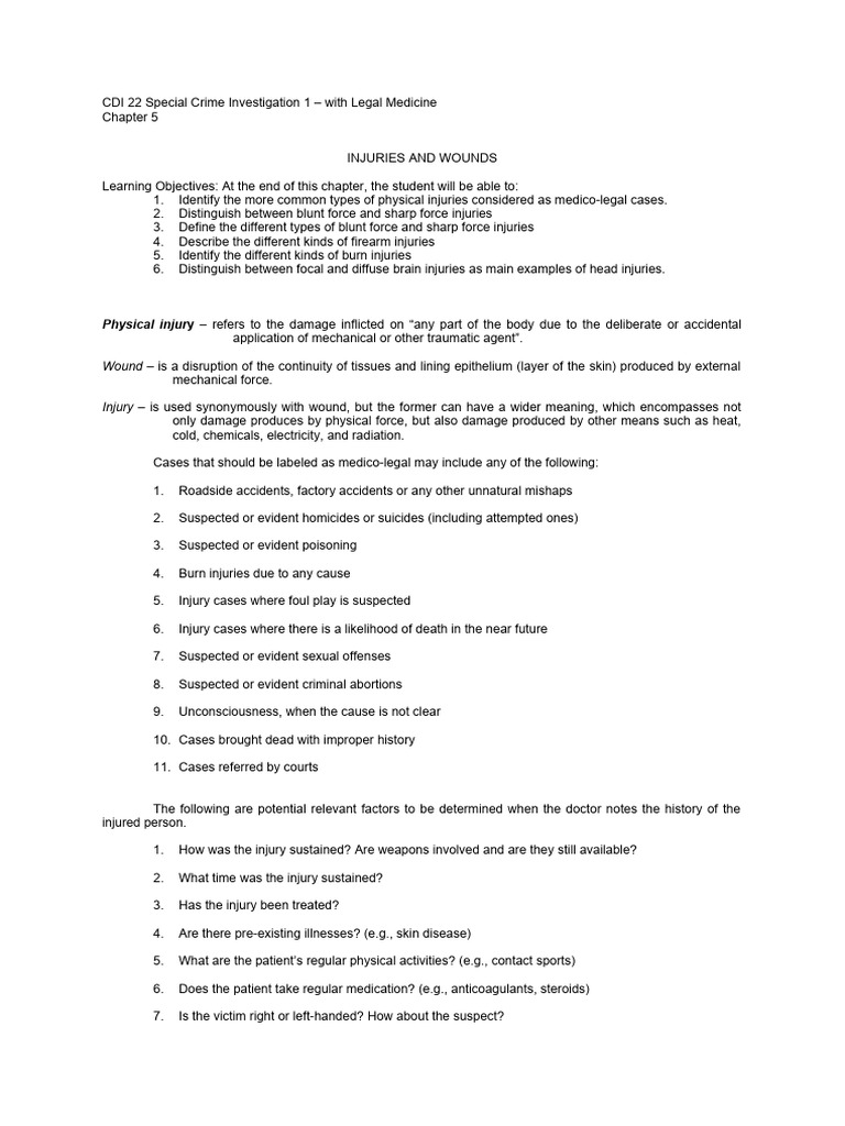 CDI 22 Midterm Chapter 5 Injuries and Wounds | PDF | Clinical Medicine | Medical Specialties