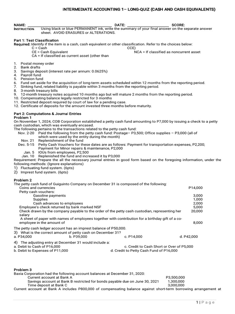 Quiz On Cash And Cash Equivalent To Proof Of Cash Pdf Banks Debits And Credits
