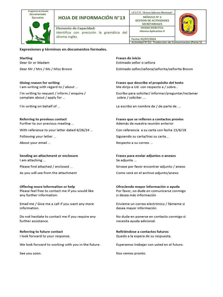 Adicional Hoja de informacion Nº13 - Expresiones y términos en documentos formales | PDF