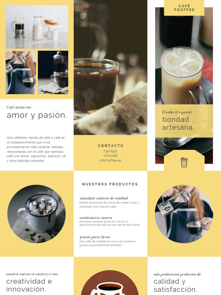 Amarillo Blanco Café Foto Producto Tríptico Folleto | Descargar gratis PDF | café | Cafetería