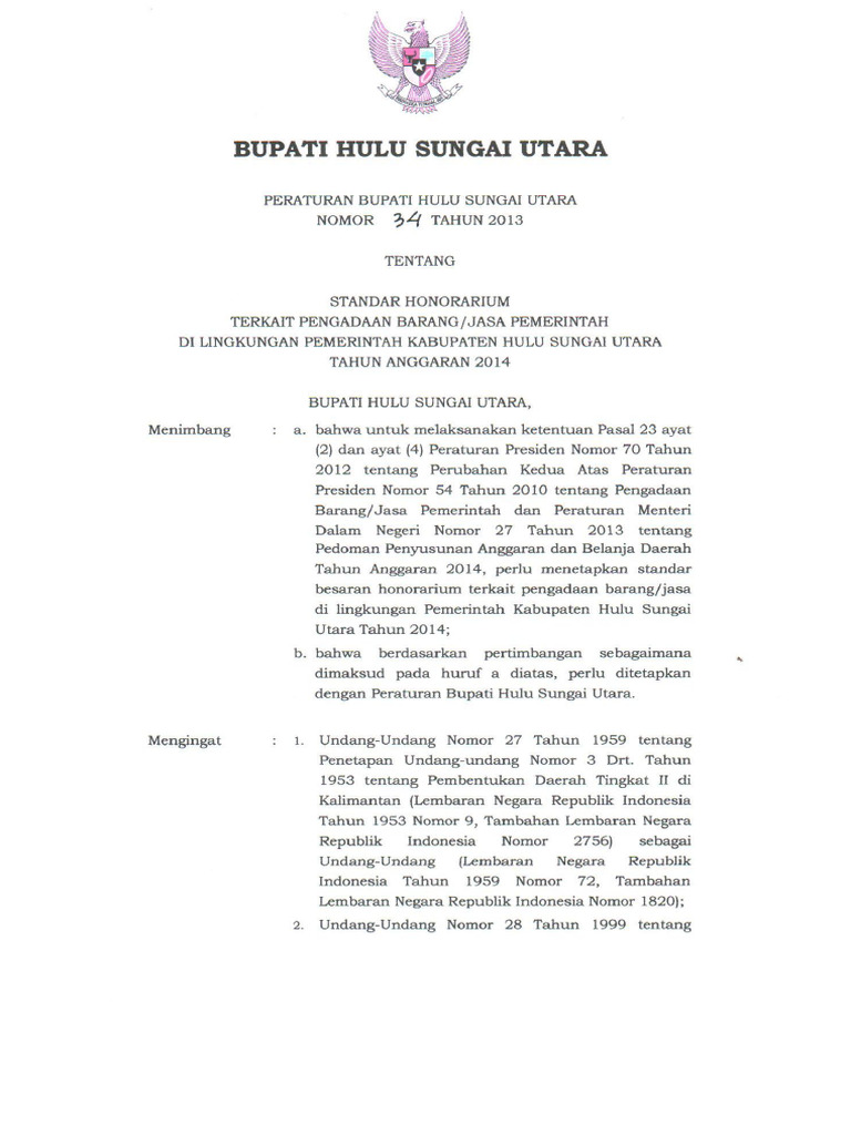 Perbup Nomor 34 Tahun 2013 Tentang Standar Honorarium Terkait PBJ | PDF