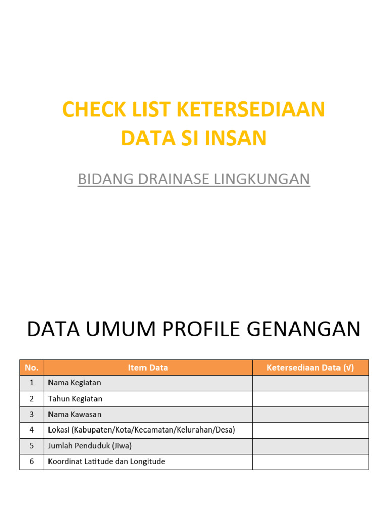 Check List Ketersediaan Data Si Insan (Drainase Lingkungan) | PDF