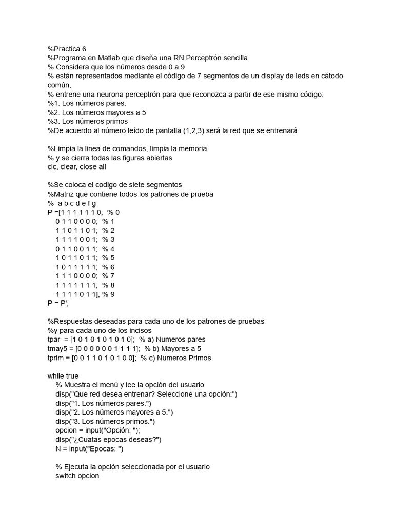 Programa en Matlab Que Diseña Una RN Perceptrón Sencilla | PDF | Informática | Programación de ...