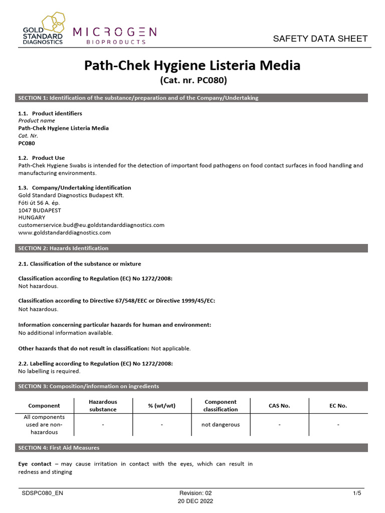 Sds Path-Chek-Hygiene-Listeria-Media pc080 en v02 20dec2022 | PDF ...