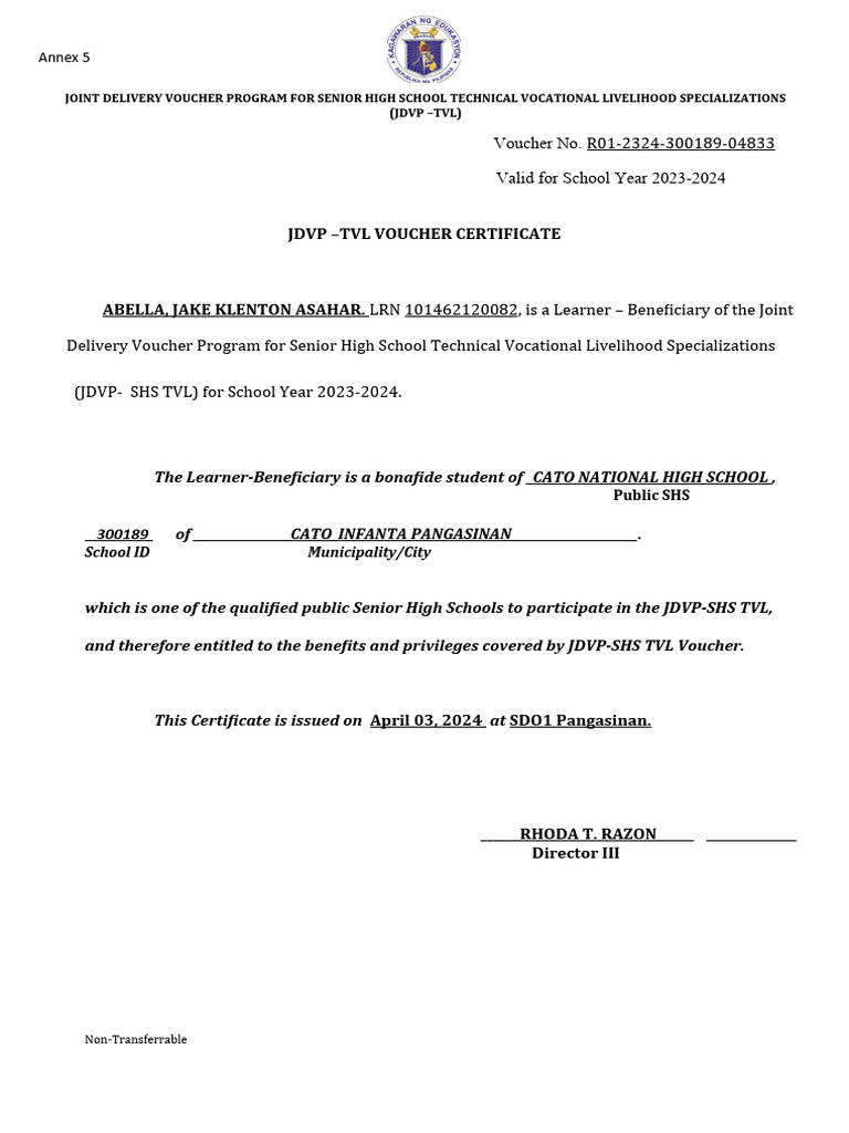 Annex 5 JDVP TVL Voucher Certificate 12 ICT | PDF | Business ...
