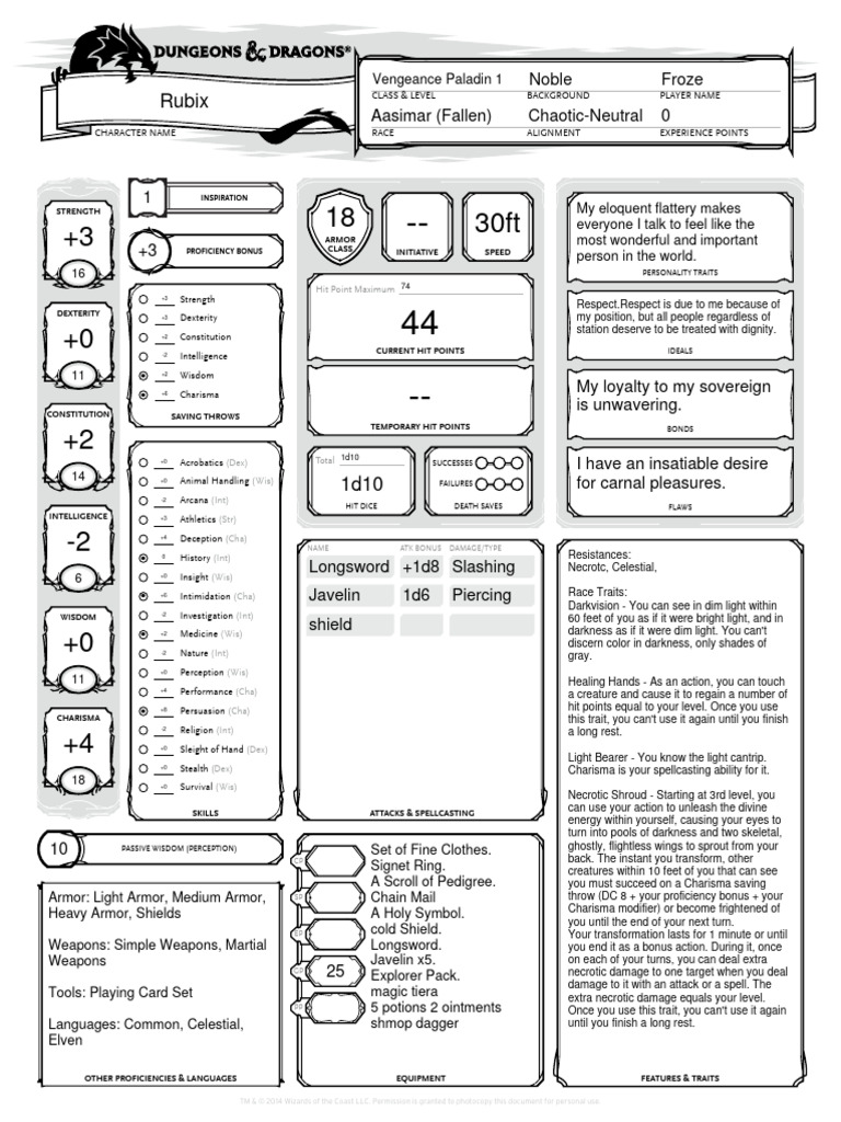 DND Fallen Aasimar Character Sheet - Froze | PDF