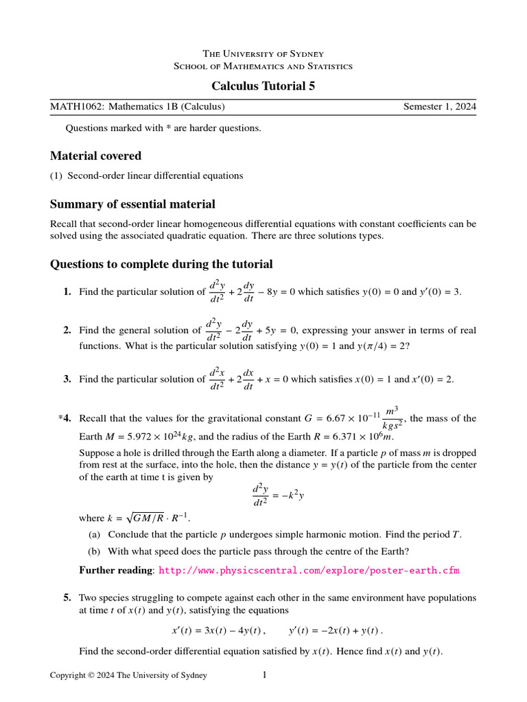 Calculus Tutorial 5 | PDF | Ordinary Differential Equation | Differential Equations